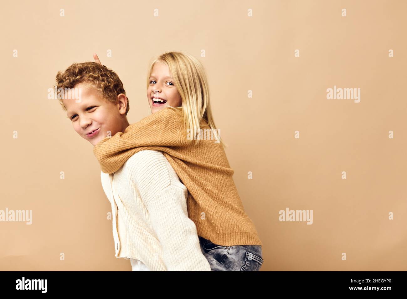 children together in sweaters fun casual wear isolated background Stock ...