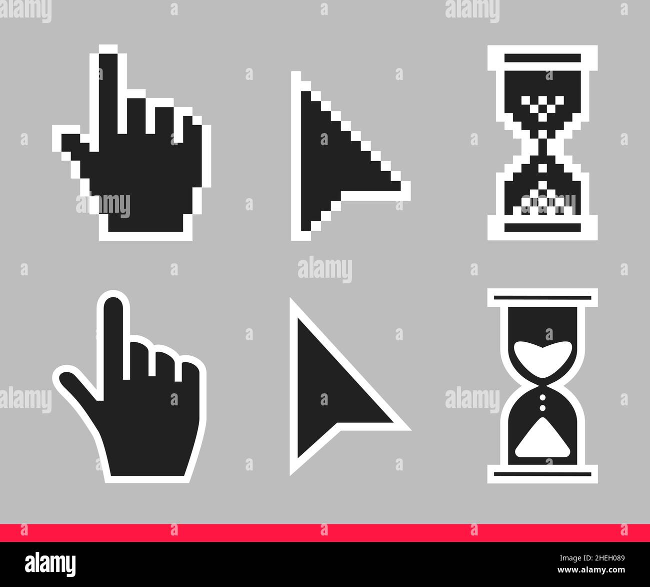 Pointer hand, arrow and hourglass loading clock mouse cursors Stock ...