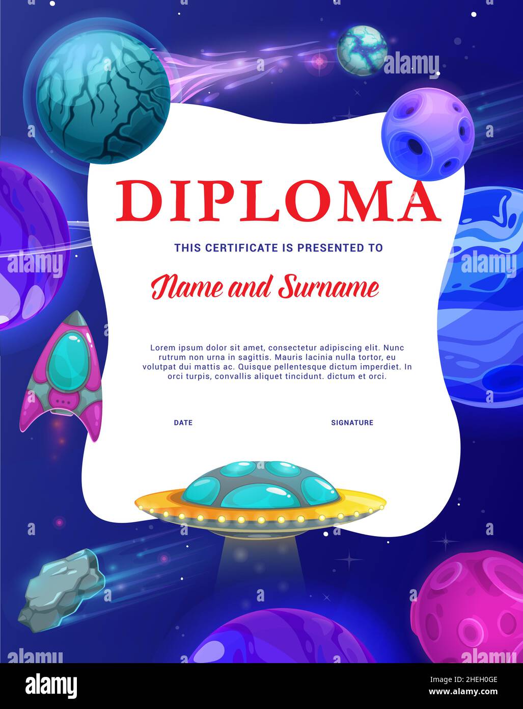 Blue galaxy space planets and rockets on kids diploma template. Child ...