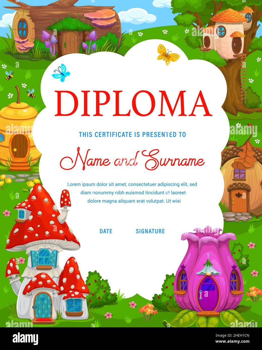 Kids diploma with fairy fantasy houses or dwellings. Cartoon fairytale ...