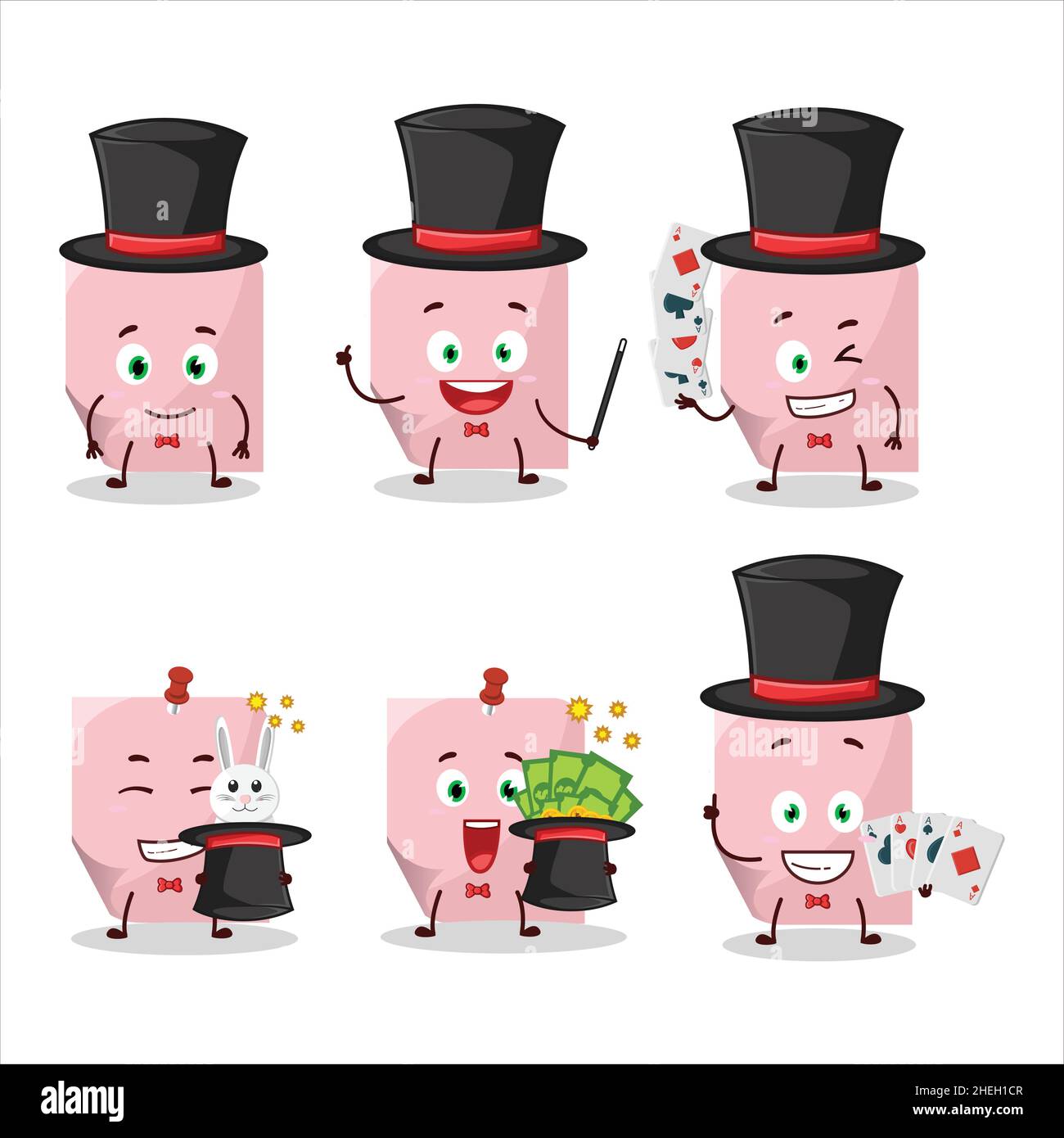 A pink sticky note Magician cartoon character perform on a stage ...