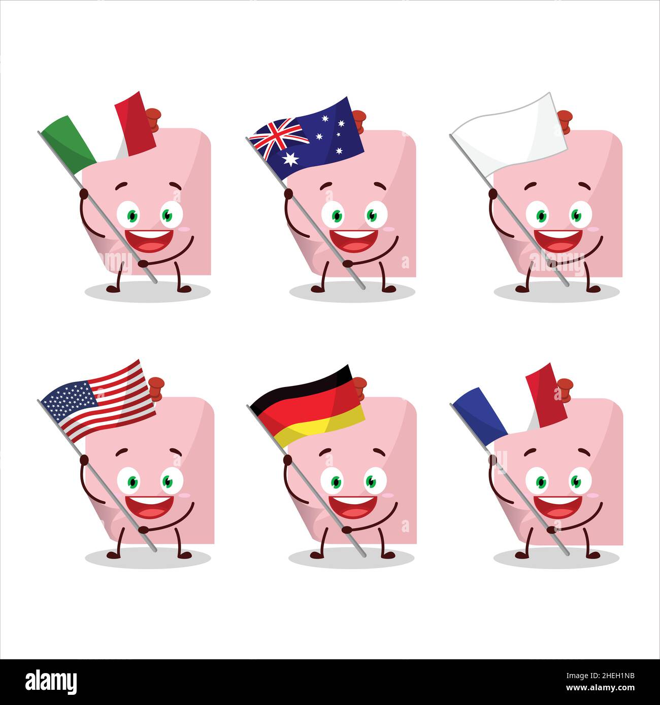 Pink sticky note cartoon character bring the flags of various countries ...