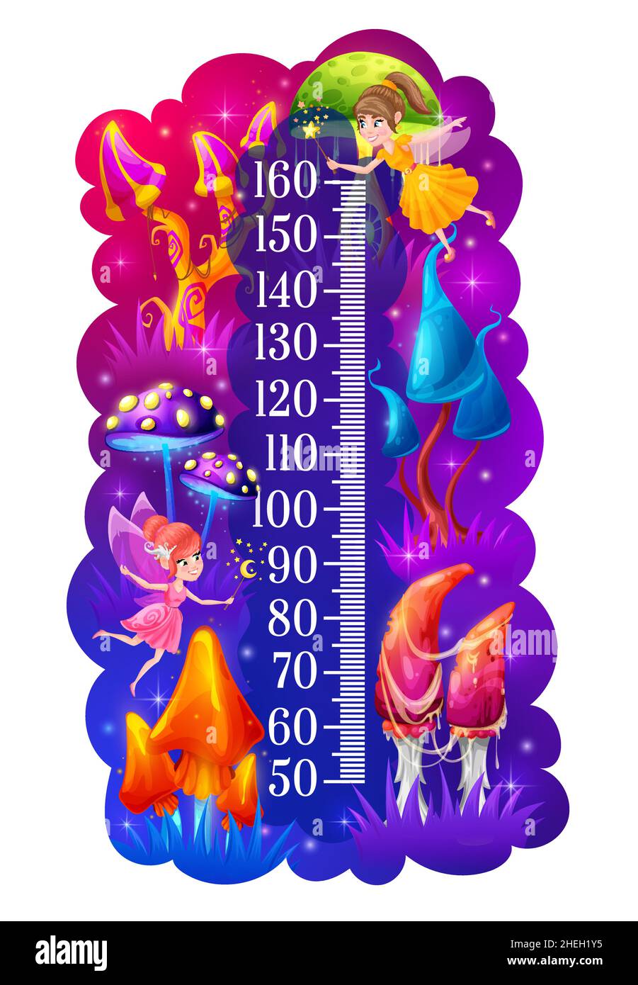 Kids height chart, cartoon fantastic magic mushrooms, fairy and ...