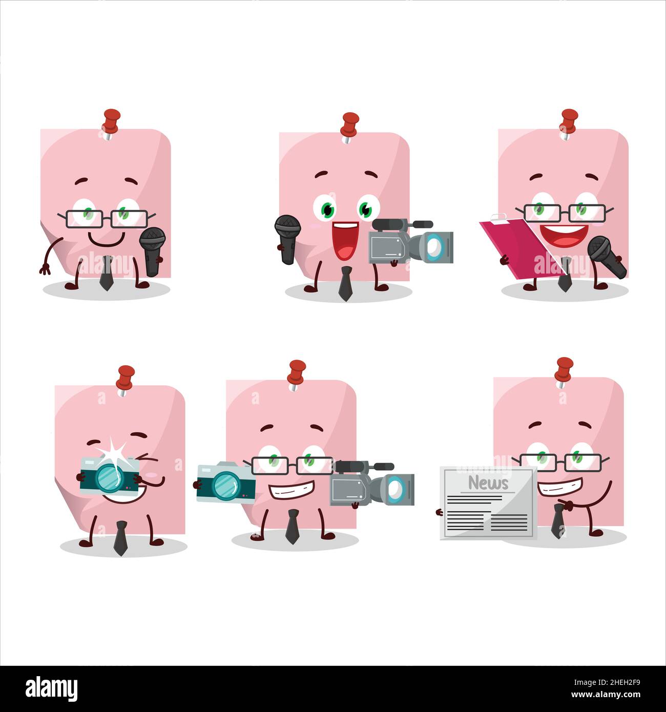 Character reporter pink sticky note cute mascot with microphone. Vector ...