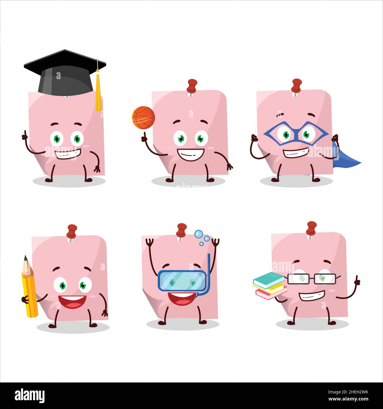 School student of pink sticky note cartoon character with various ...