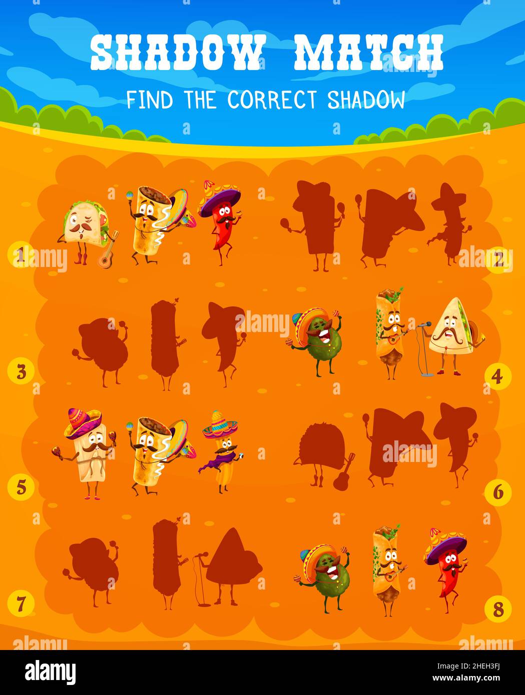 Kids find shadow match game, cartoon funny mexican food vector ...