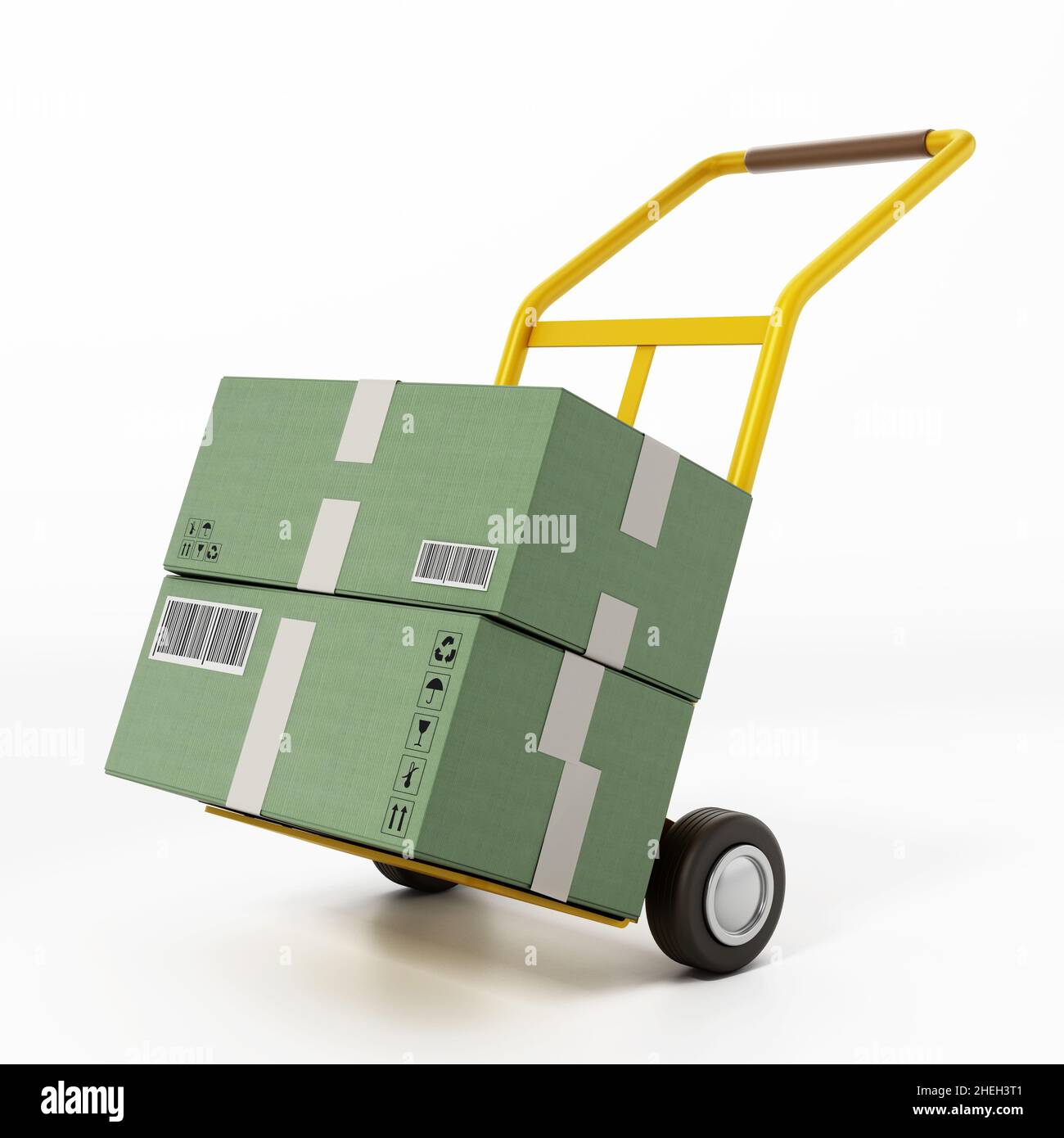 Hand trolley with cargo boxes isolated on white background. 3D ...