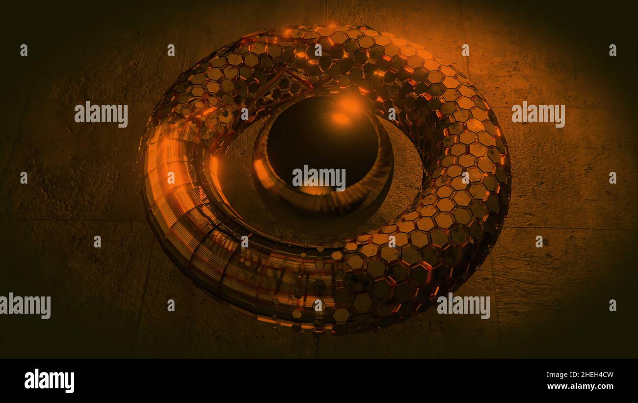 3d, illustration - Futuristic technology as a torus object attacked by ...