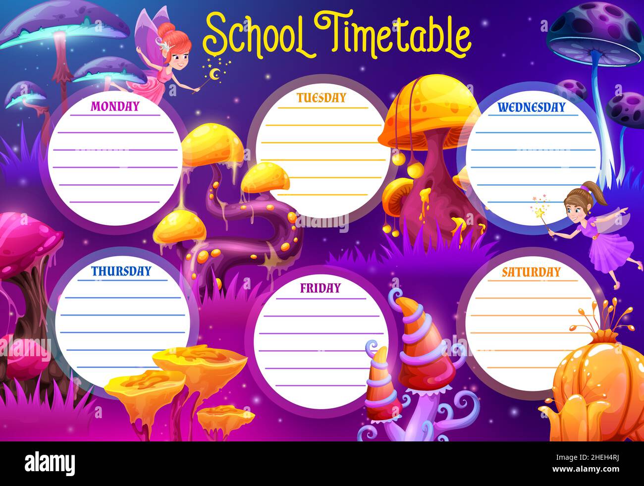 School timetable schedule. Magic fairy, sorceress and mushrooms. Vector ...