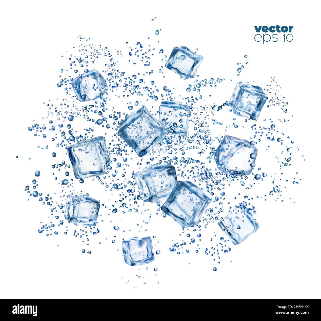 Ice crystal cubes and water drops, isolated frozen ice cubes in water ...