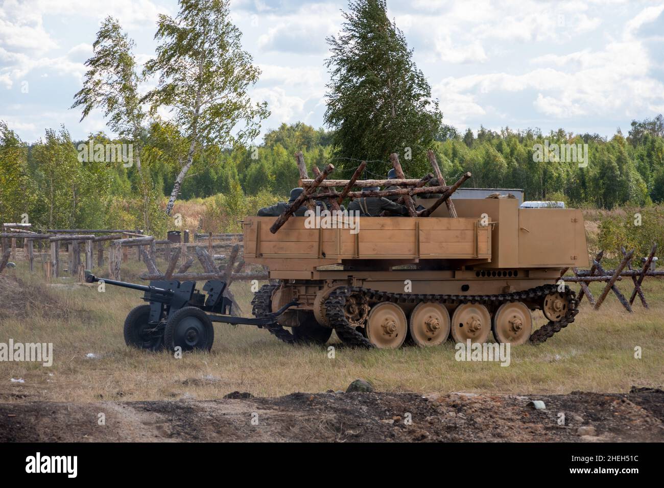 Attack of Soviet soldiers. A crawler vehicle carrying a soldier and a ...