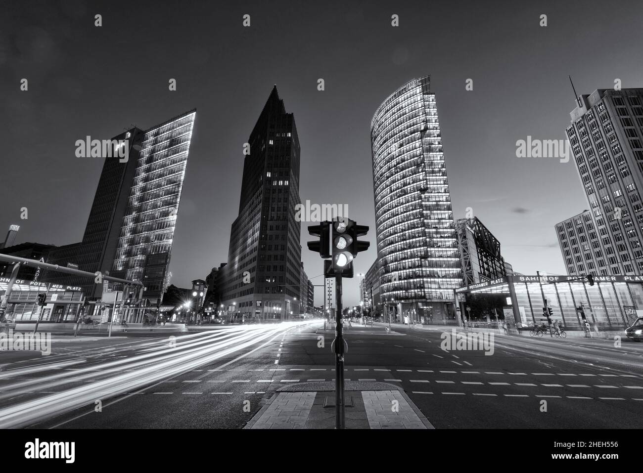 Night view of skyline of high rise buildings in Potsdamer Platz in ...