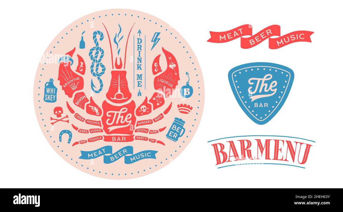 Graphic element for pub, bar. Circle coaster with drawing, ribbon, text ...