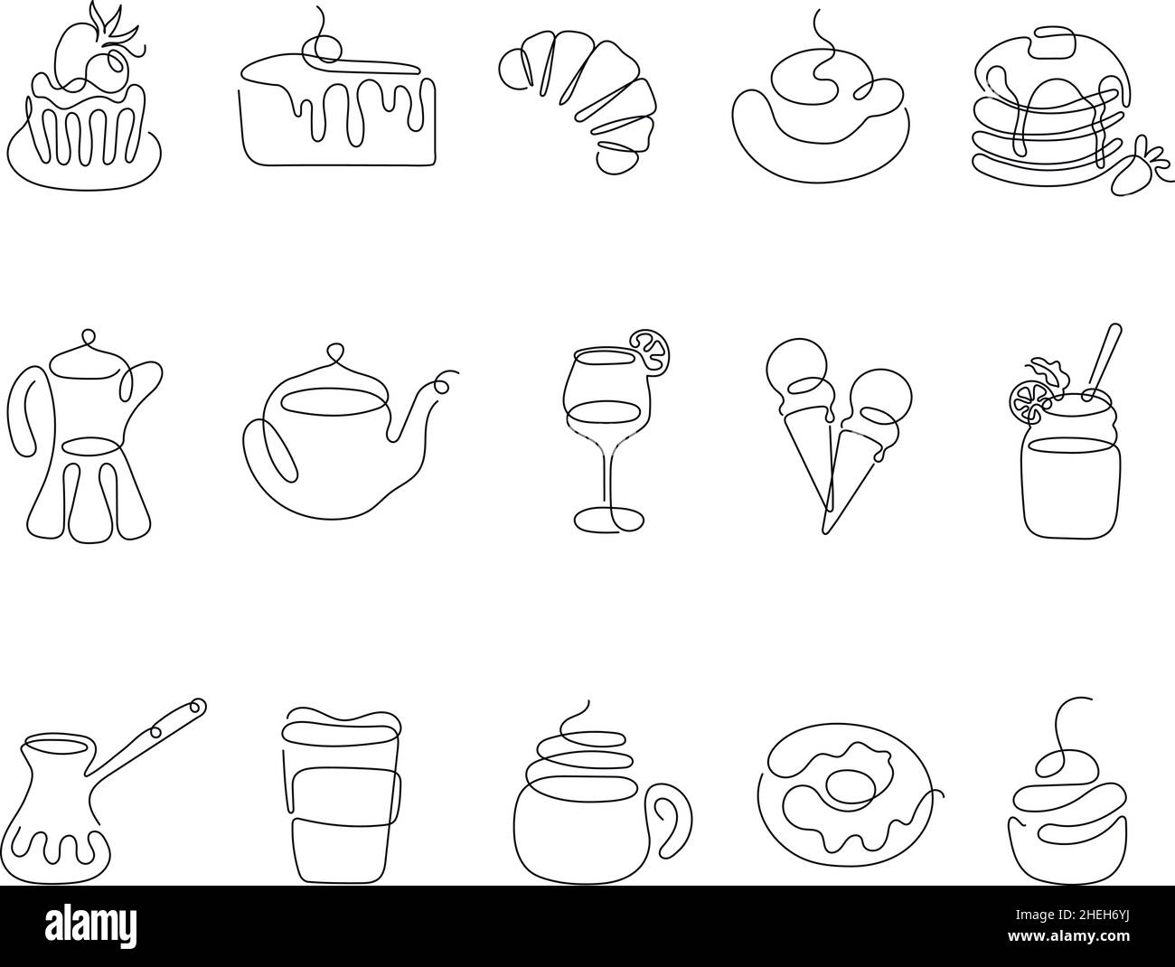 Set continuous line drawing of drinks, desserts. Vector illustration ...