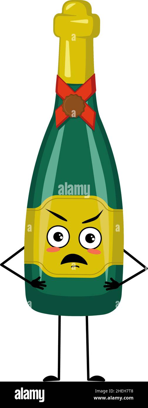 Bottle of sparkling wine character with angry emotions, grumpy face ...