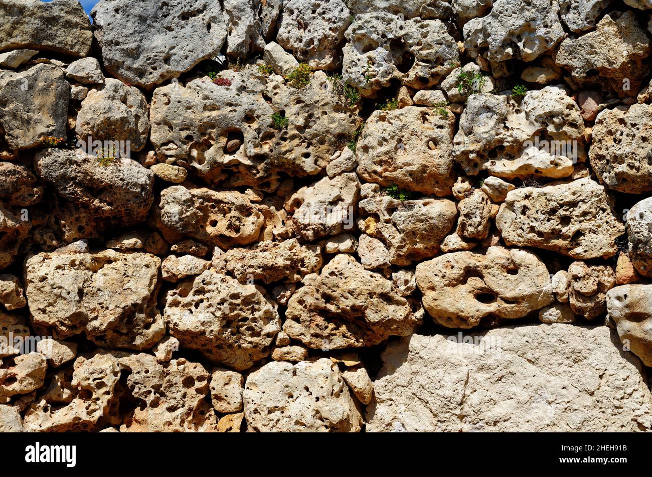 Textured wall of Neolithic megalith temple complex of Ggantija, Gozo ...