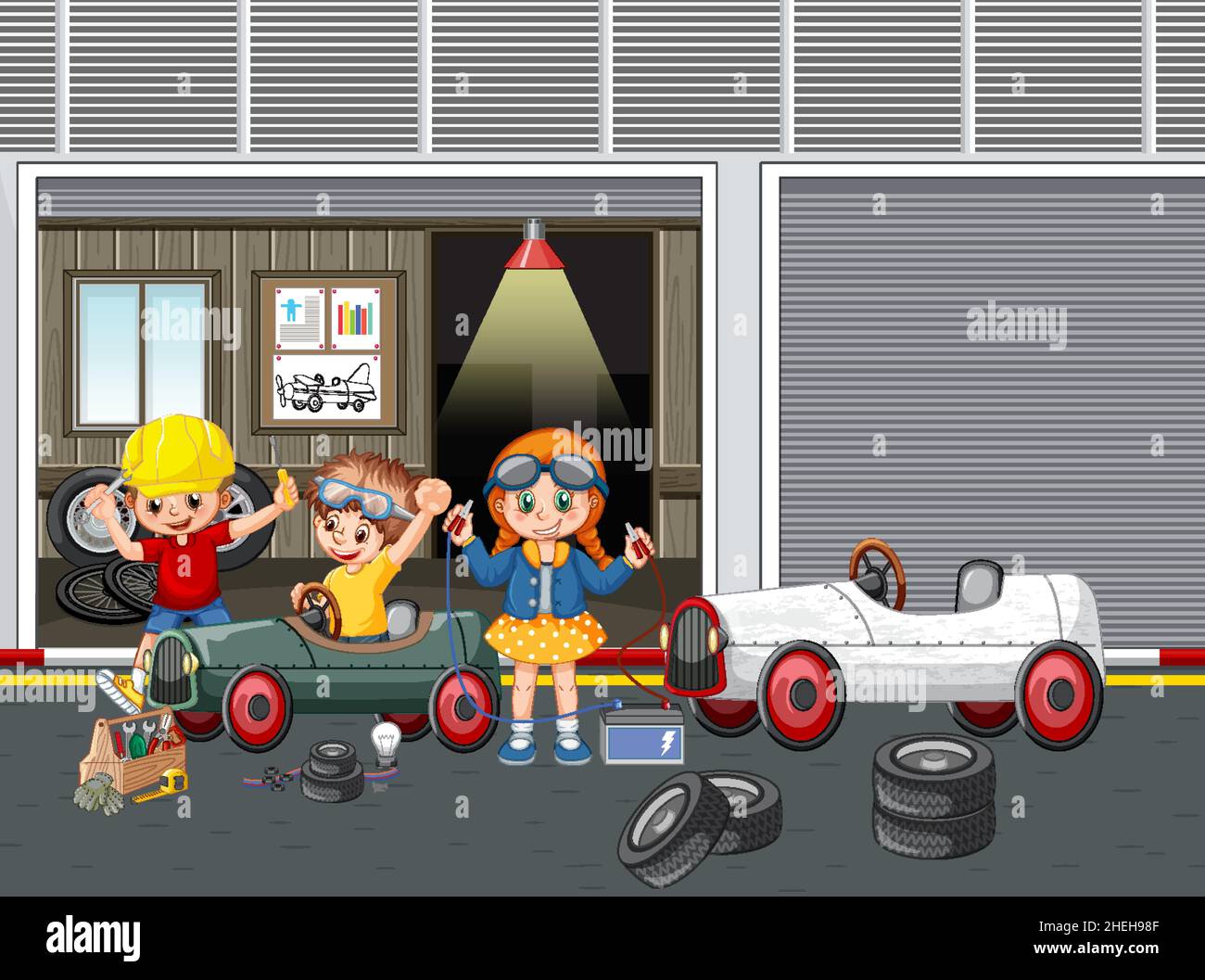 Children repairing a car together in the garage illustration Stock ...