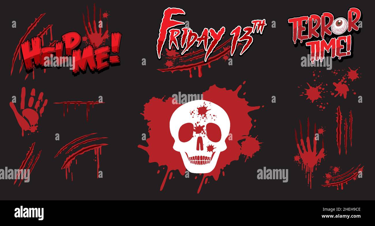 Human head bone with blood spatter and hand print illustration Stock ...