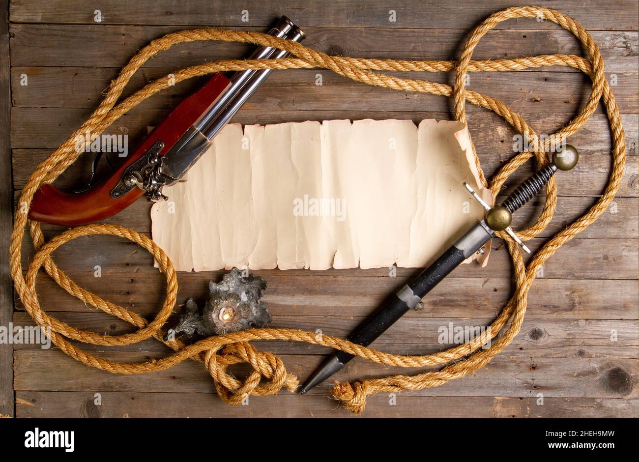 Pirate still life top view with blank scroll for card or text and ...