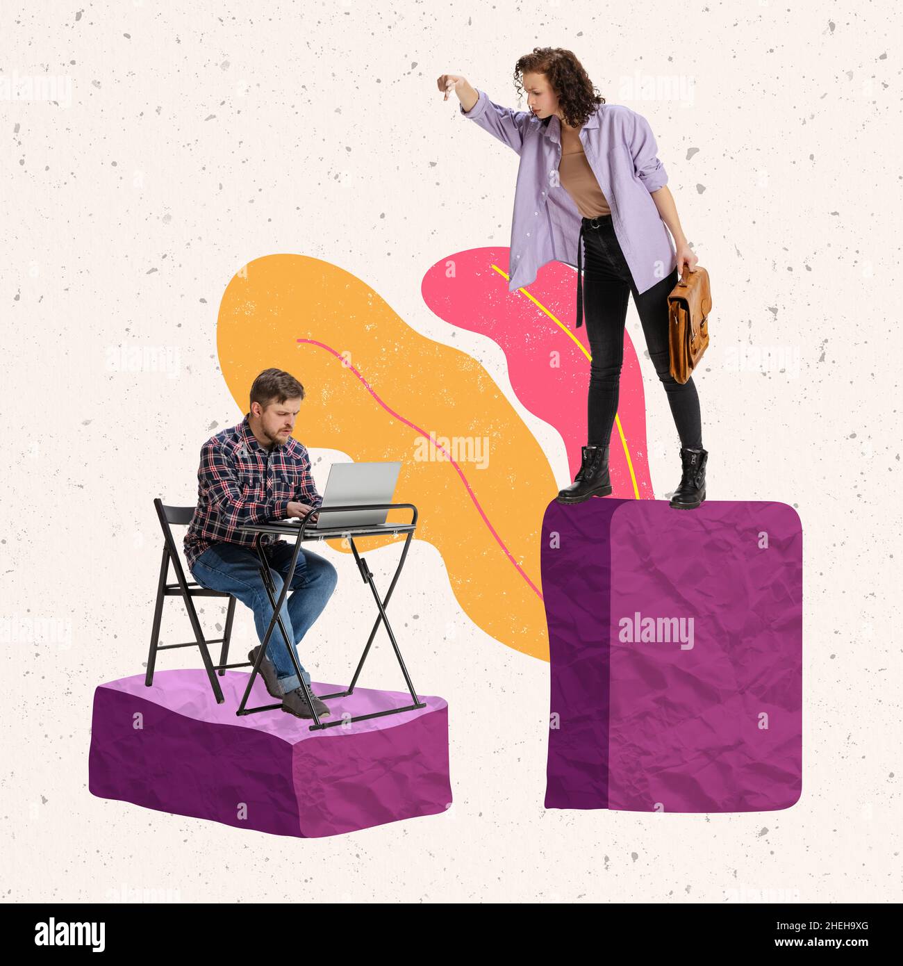 Contemporary art collage. Woman, boss stading above man and commanding ...