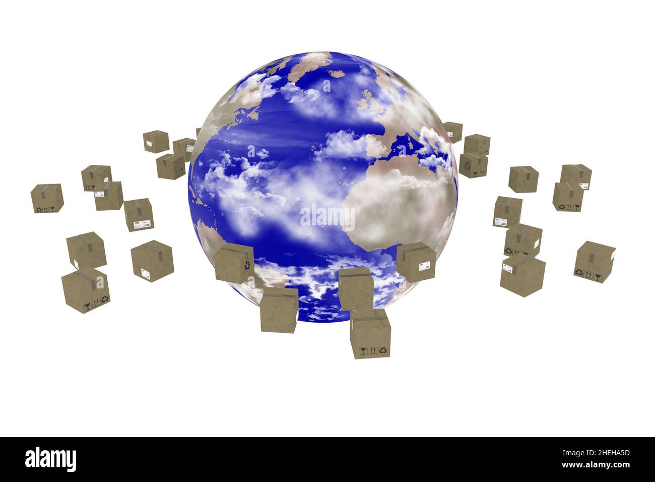 3D illustration. Shipping around the world. Parcels rotate around the ...