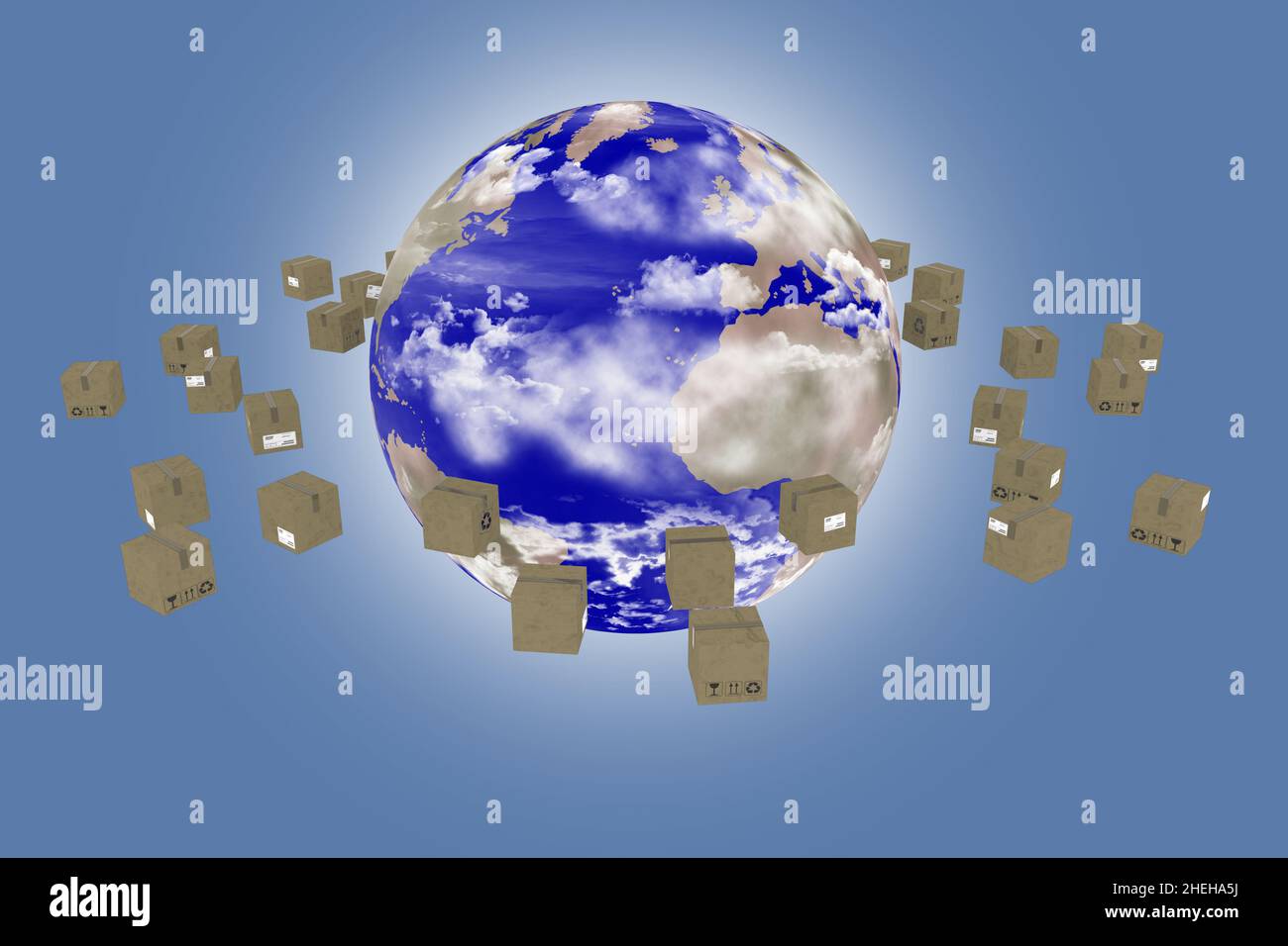 3D illustration. Shipping around the world. Parcels rotate around the ...