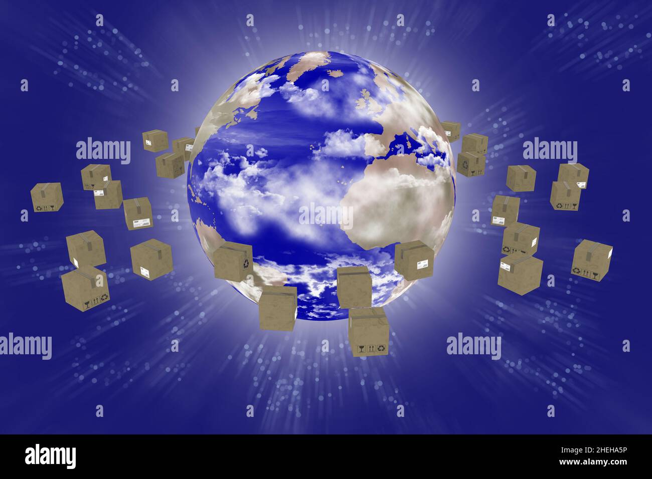 3D illustration. Shipping around the world. Parcels rotate around the ...