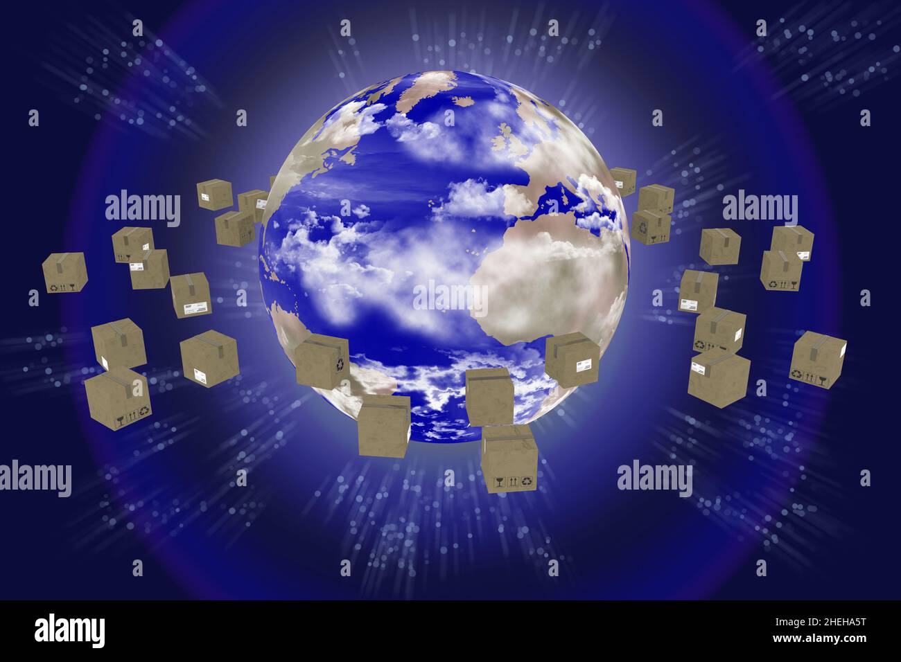 3D illustration. Shipping around the world. Parcels rotate around the ...