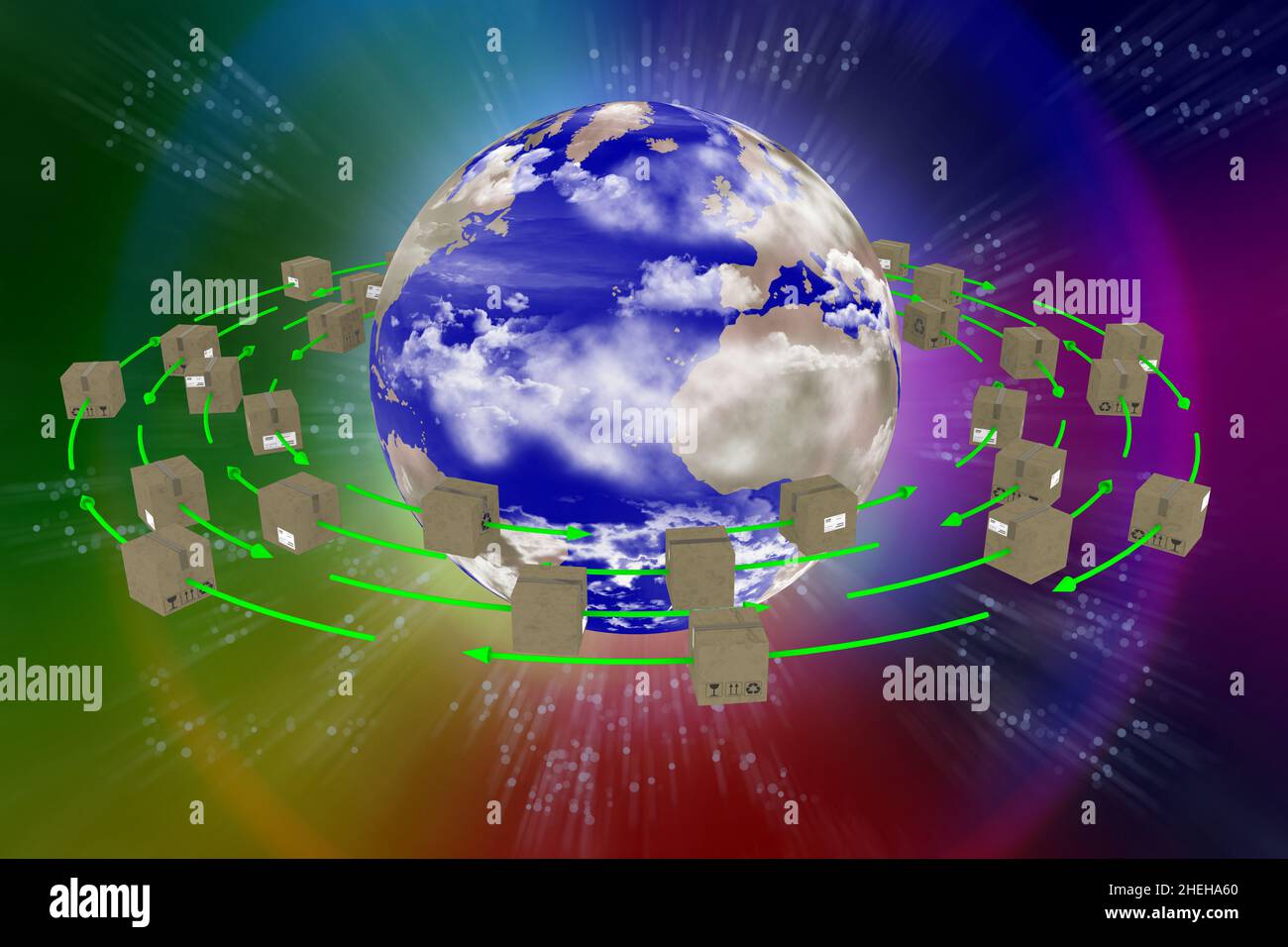 3D illustration. Shipping around the world. Parcels rotate around the ...