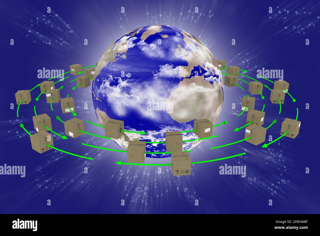 3D illustration. Shipping around the world. Parcels rotate around the ...