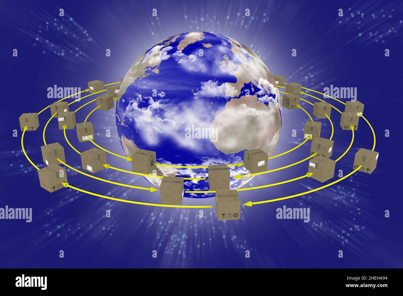 3D illustration. Shipping around the world. Parcels rotate around the ...