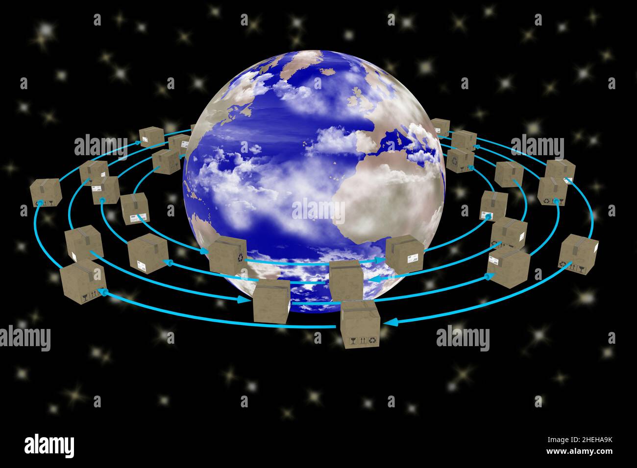 3D illustration. Shipping around the world. Parcels rotate around the ...