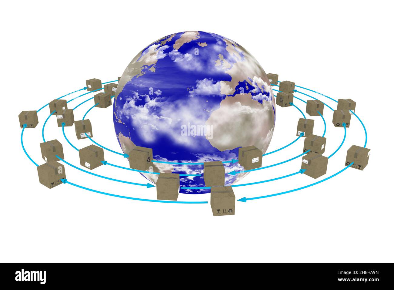 3D illustration. Shipping around the world. Parcels rotate around the ...
