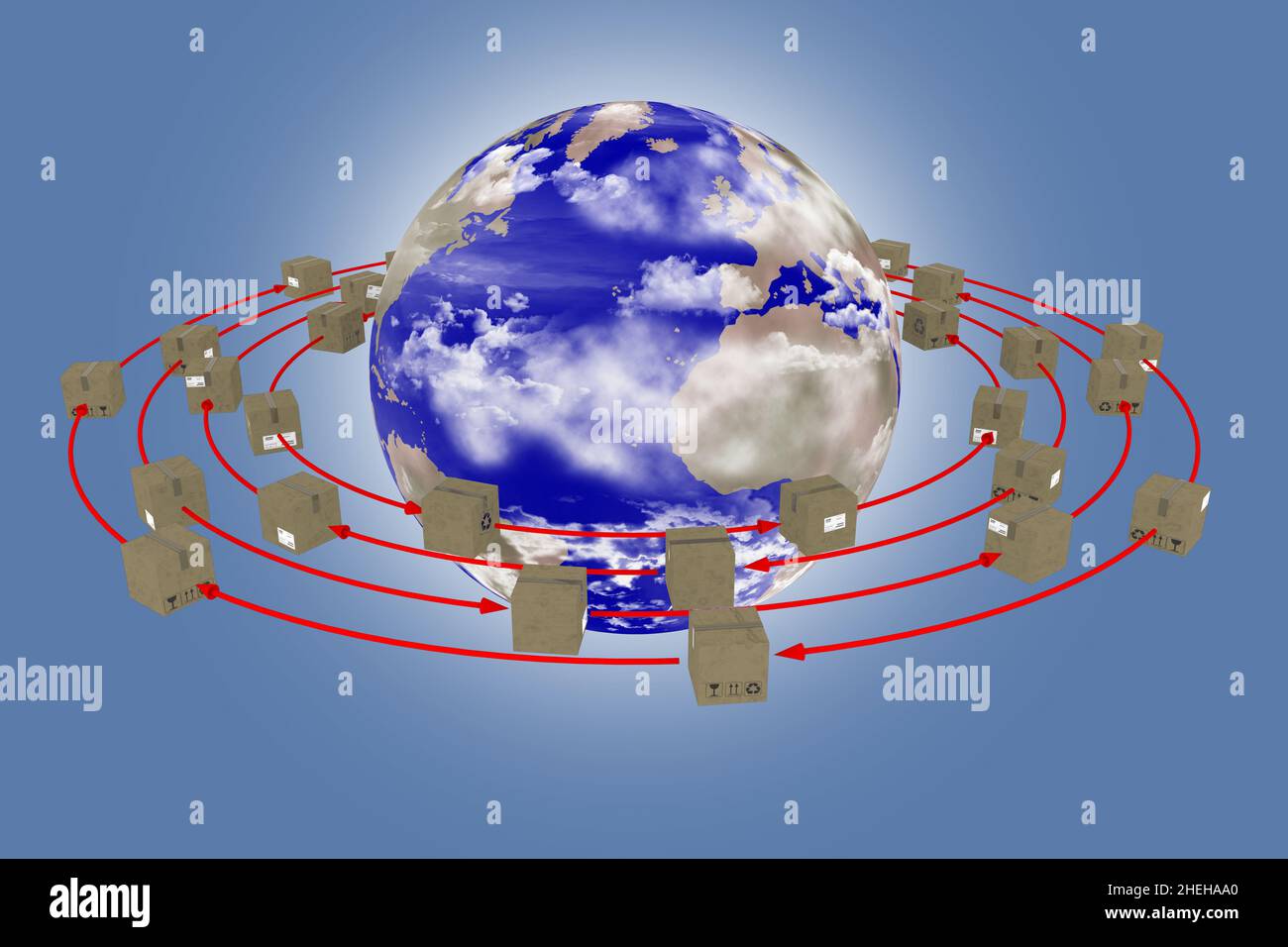 3D illustration. Shipping around the world. Parcels rotate around the ...