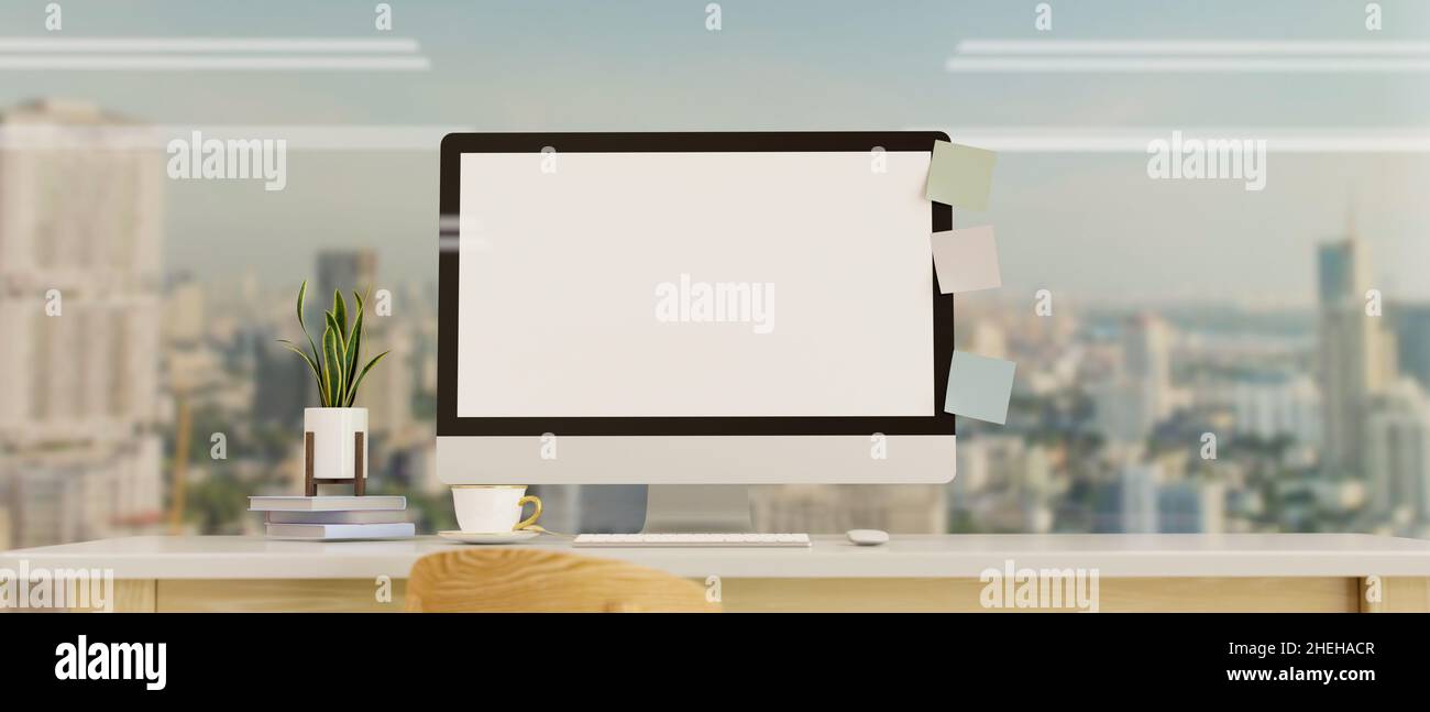 Office working table concept, Desktop computer white screen mockup on a ...