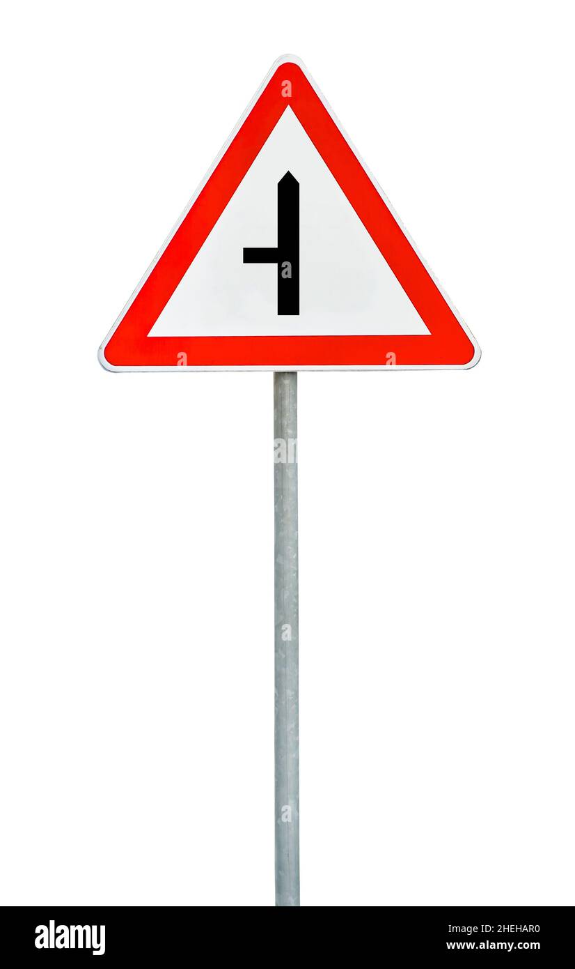 Triangle road sign with direction Stock Photo - Alamy