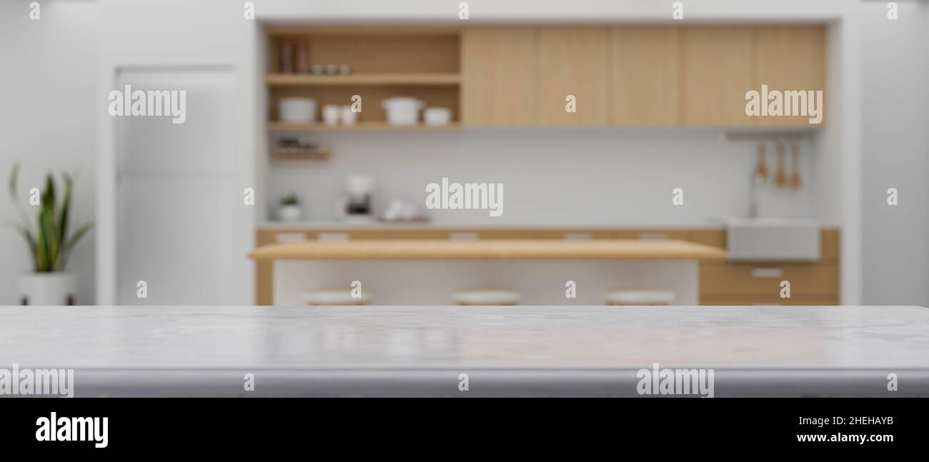 3d rendering, Modern contemporary white and wooden kitchen interior ...