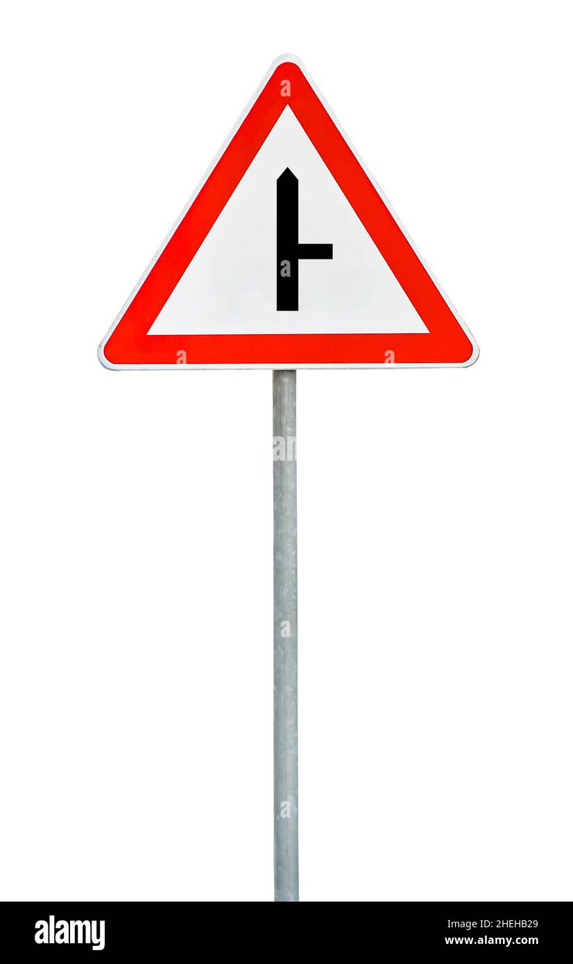 Triangle road sign with direction Stock Photo - Alamy