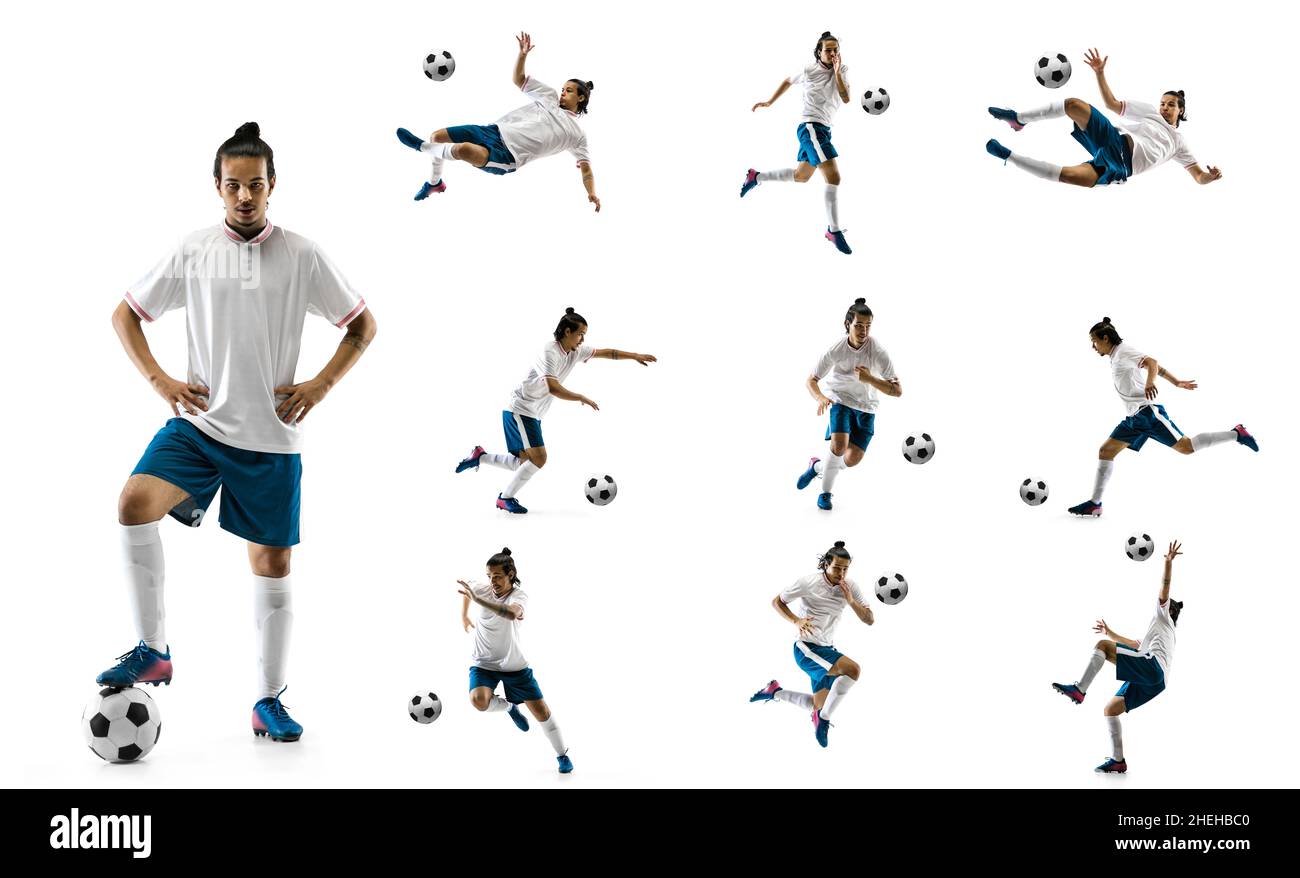 Collage made of shots of one professional football soccer player with ...