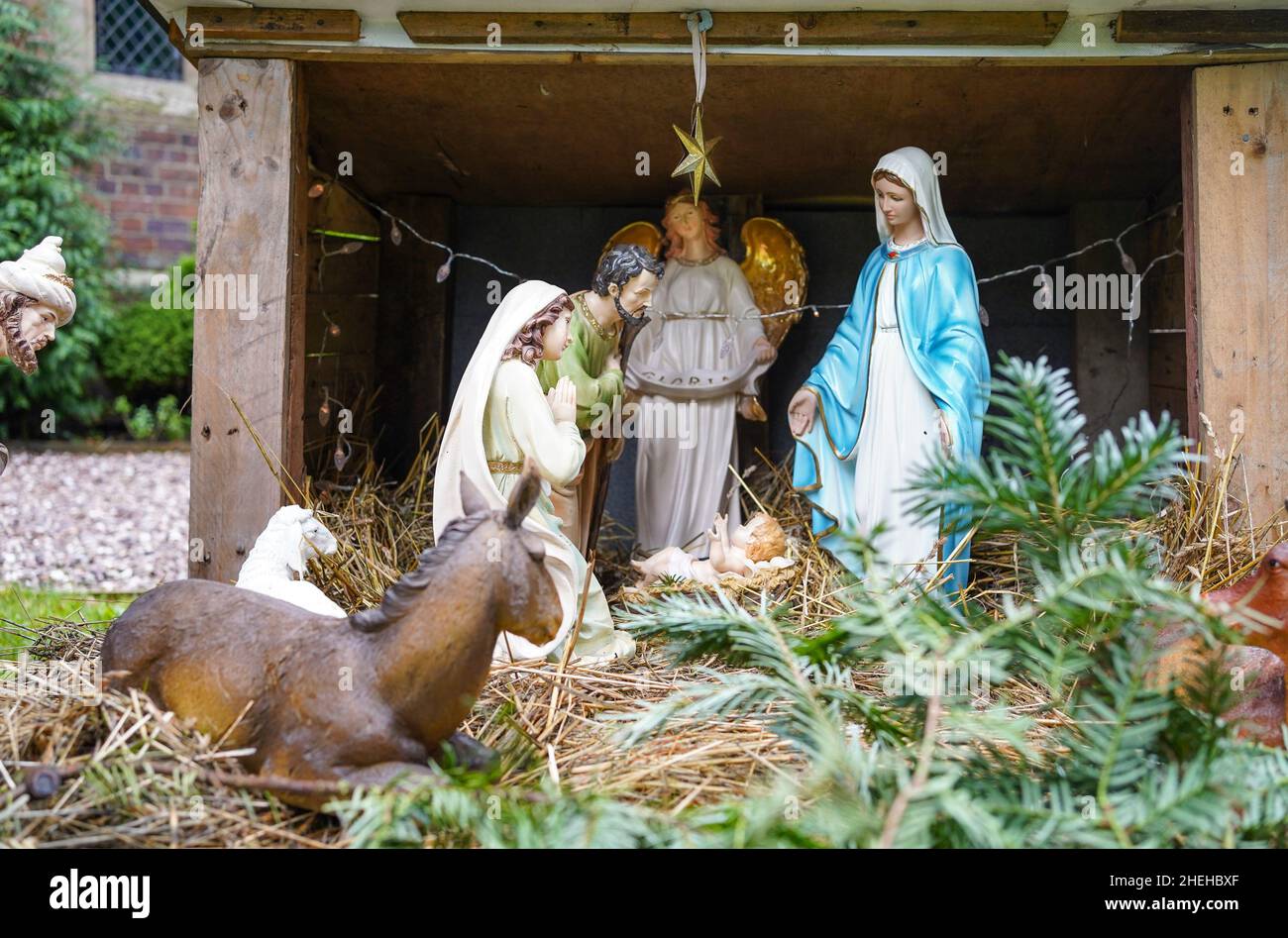Nativity scene on display outside a country village church, UK ...