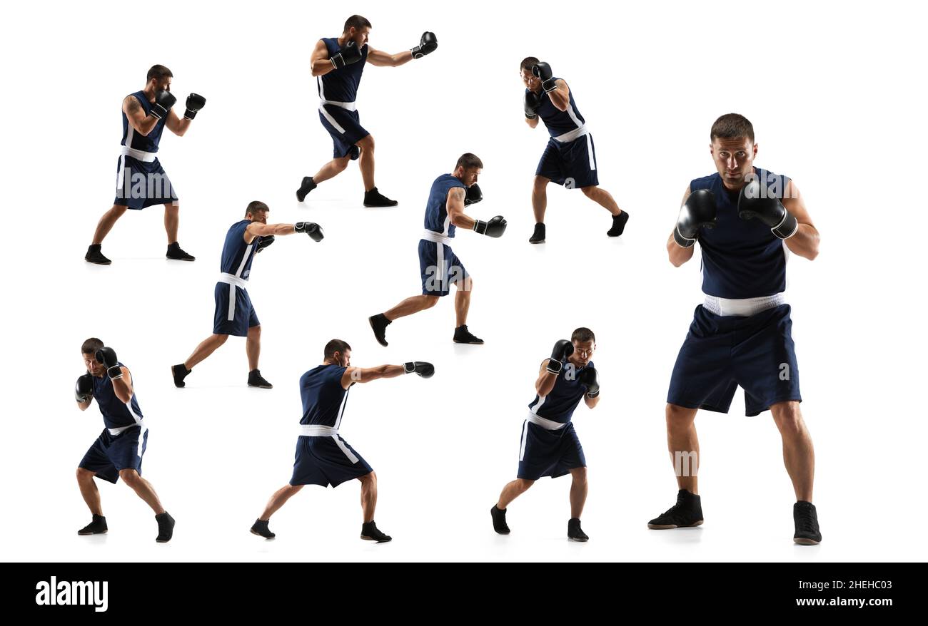 Set of images of strong, muscled man, boxer wearing sportwear boxing ...