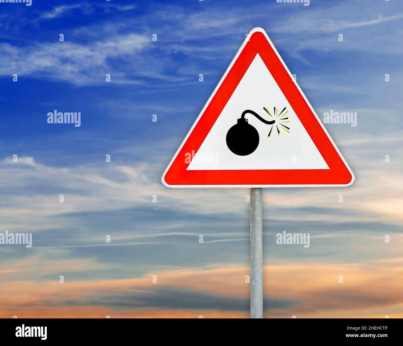 Triangle road warning bomb sign Stock Photo - Alamy