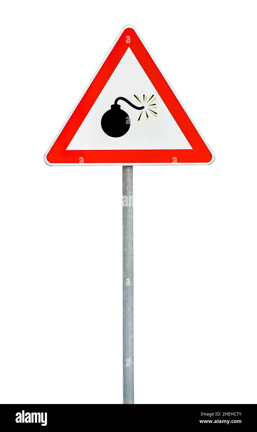 Triangle road warning bomb sign Stock Photo - Alamy
