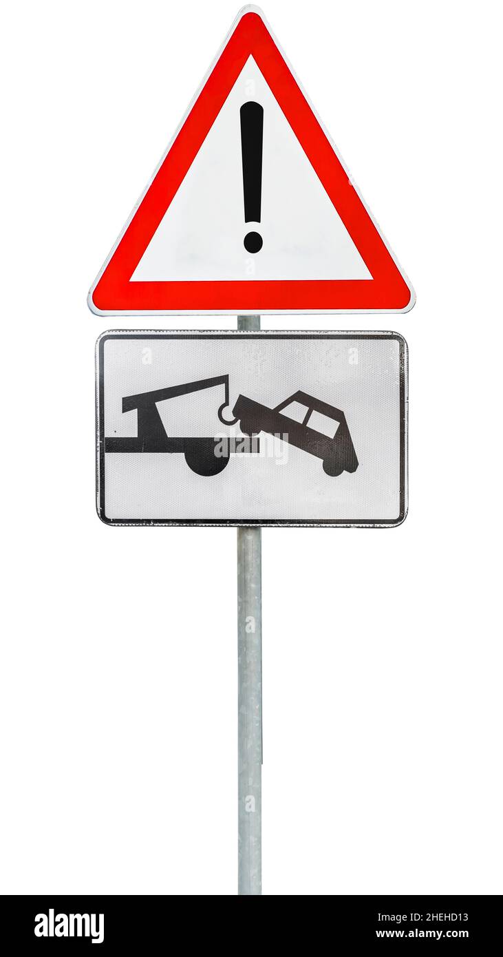 Warning attentione and tow truck road sign isolated on white Stock ...