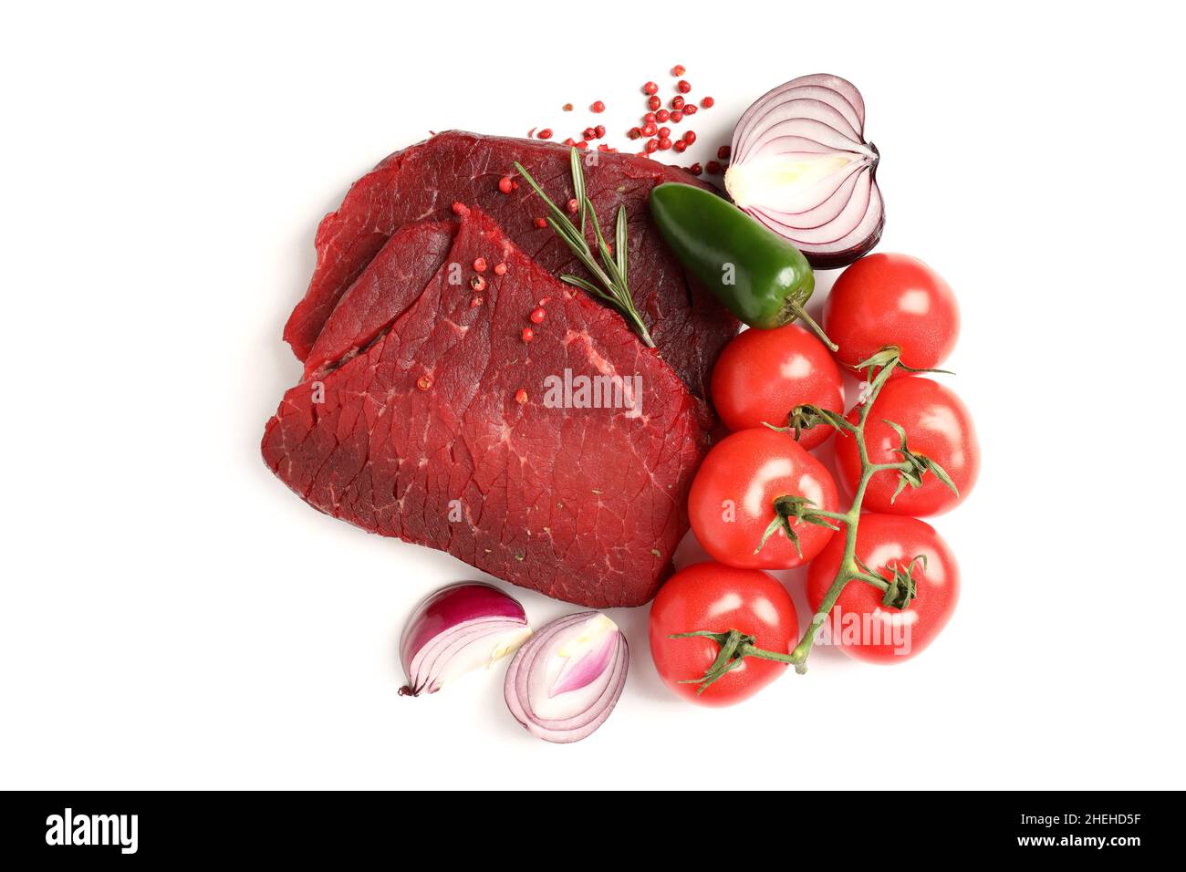 Raw beef steaks and ingredients isolated on white background Stock ...