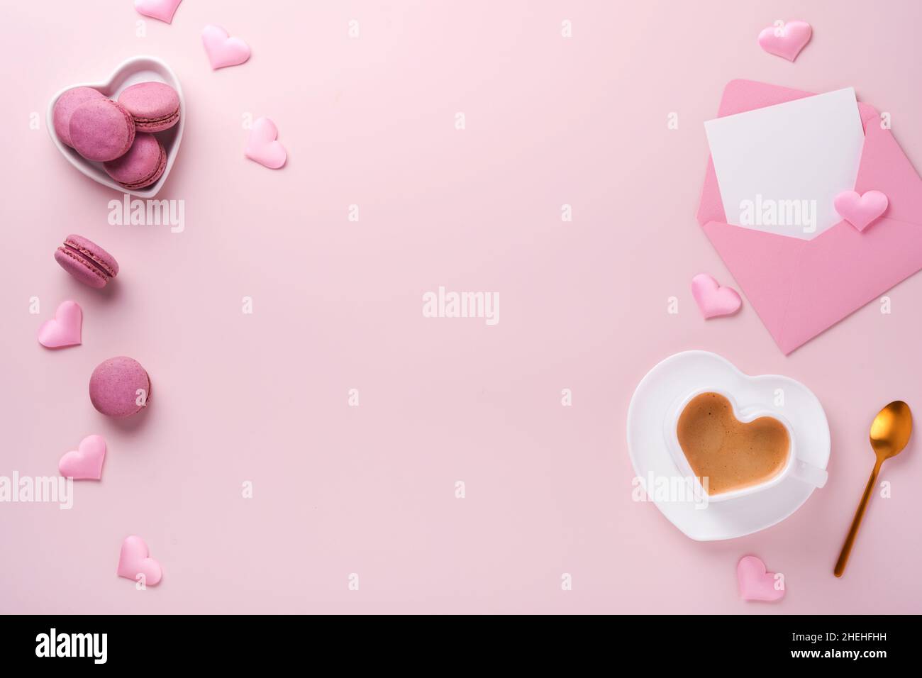Valentines Day card. Pink empty envelope, macaron macaroon cookie and ...