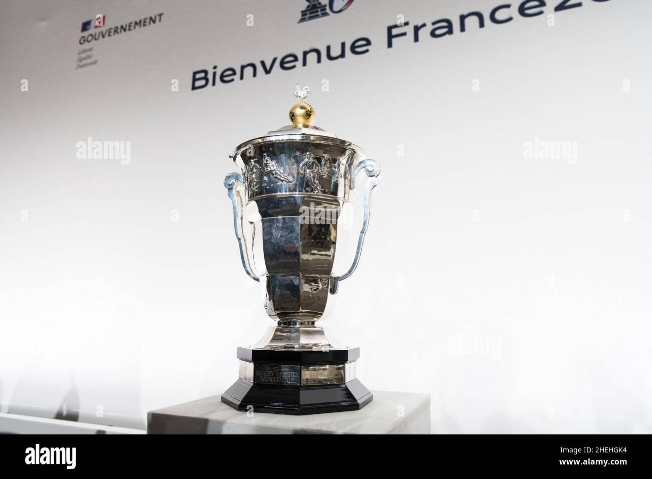 This photograph shows the Rugby XIII (rugby 13) World Cup trophy during ...