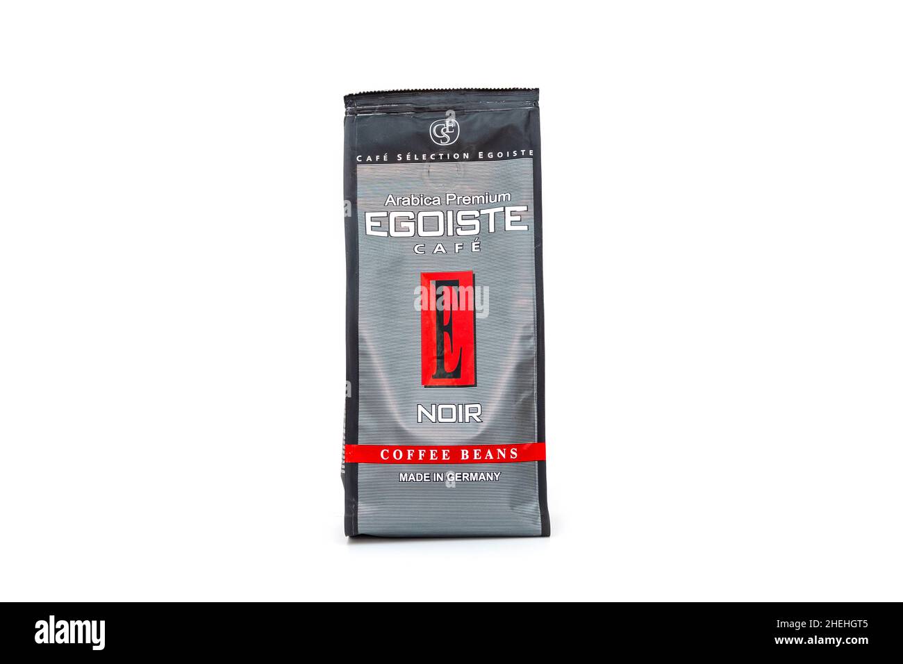 MOSCOW - JAN 06: EGOISTE pack with coffee grains isolated on white in ...