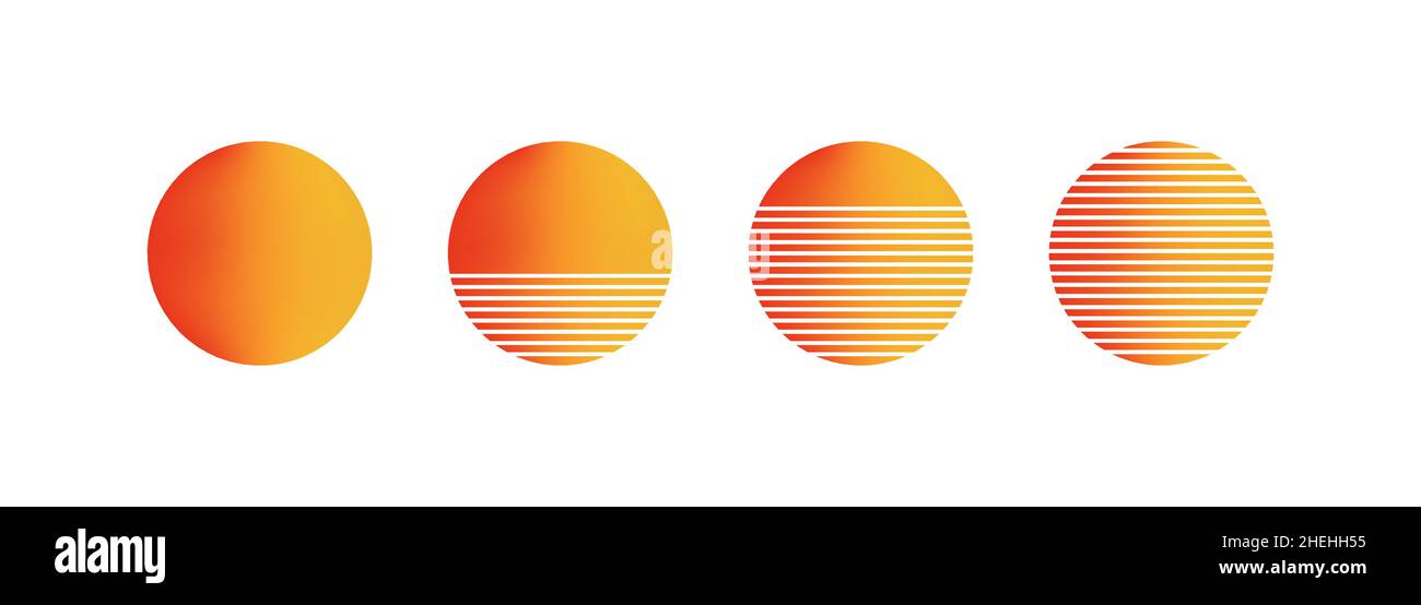 Sunset icon set. Retro vintage sun in 80s style. Vector on isolated ...