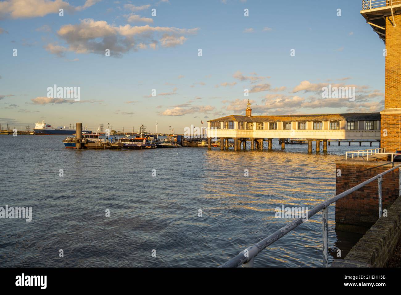 The PLA pier on the river thames at sunset, Gravesend Kent Stock Photo ...